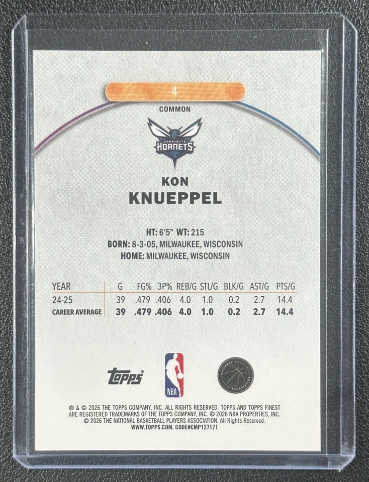 KON KNUEPPEL 2025-26 TOPPS FINEST #4 COMMON PURPLE GEOMETRIC REFRACTOR ...