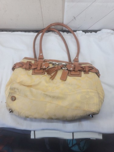 Coach Hampton Lemon Yellow Signature Jacquard Brown Braid Leather ...