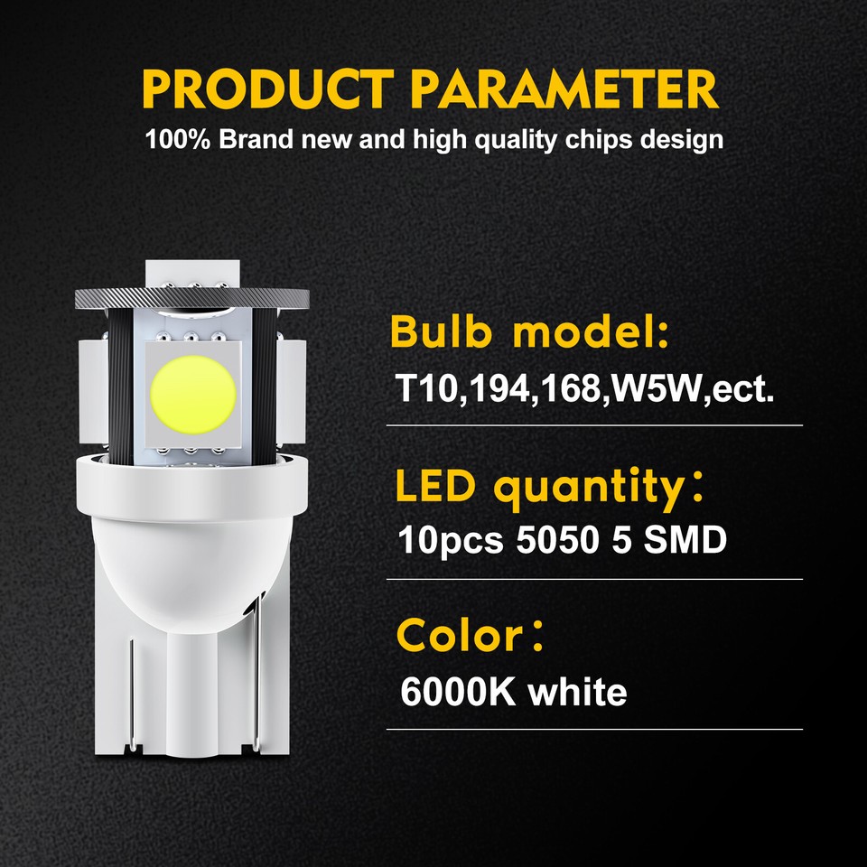 10x T10 194 LED Bulbs Super White Instrument Gauge Cluster Dash Light W ...