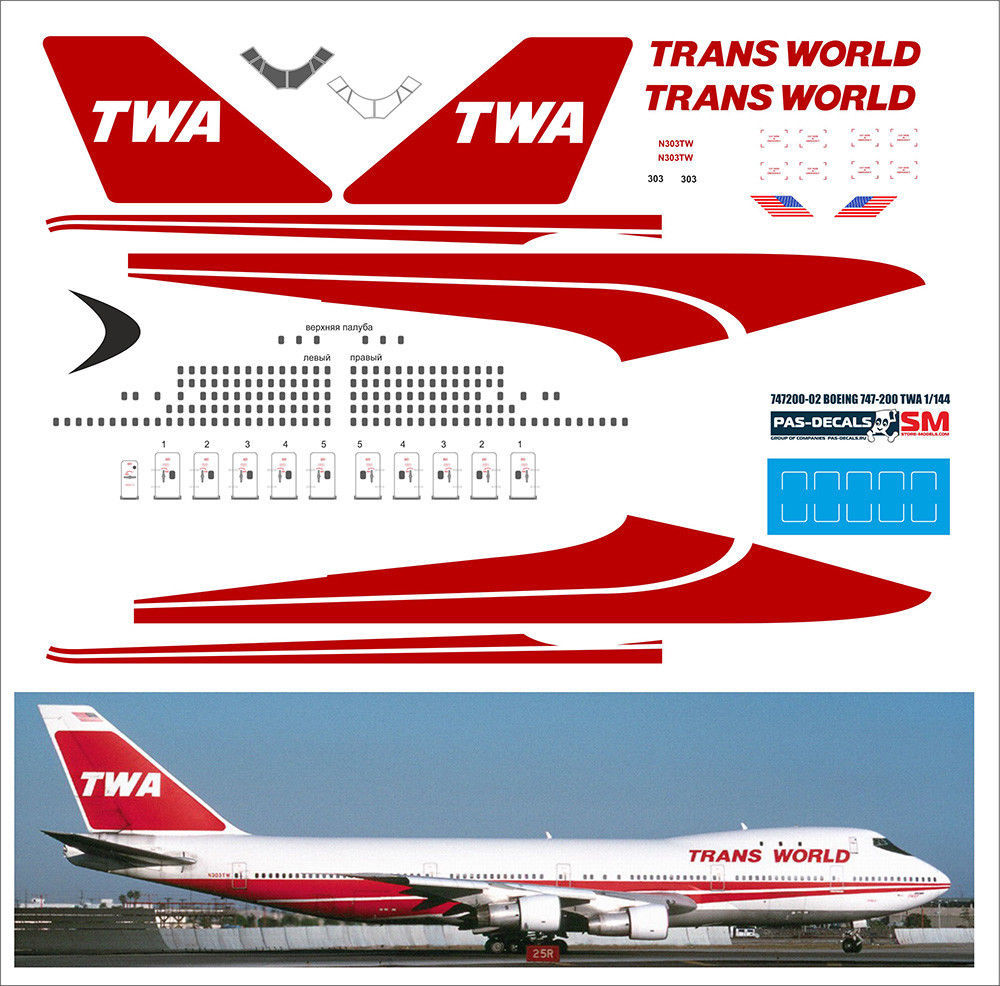 1/144 PAS-DECALS Boeing 747-200-2 TWA Trans World Zvezda Revell | eBay