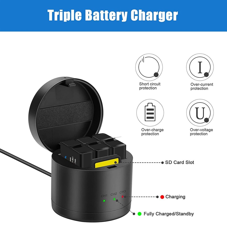 3Pack Hero 8 Battery & USB LED Storage Fast Charger For Gopro Hero 8/7 ...