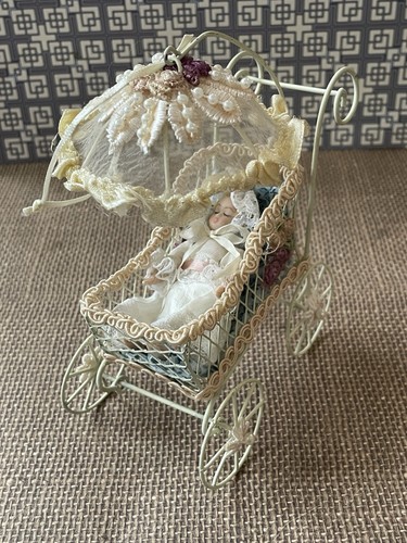 Vtg Doll In Victorian Style CARRIAGE BUGGY STROLLER WICKER METAL | eBay