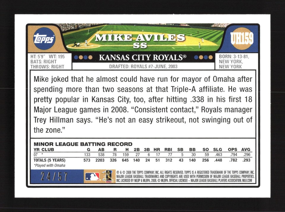 Mike Aviles Kansas City Royals 2008 Topps Update Black #UH159 SN /57 | eBay