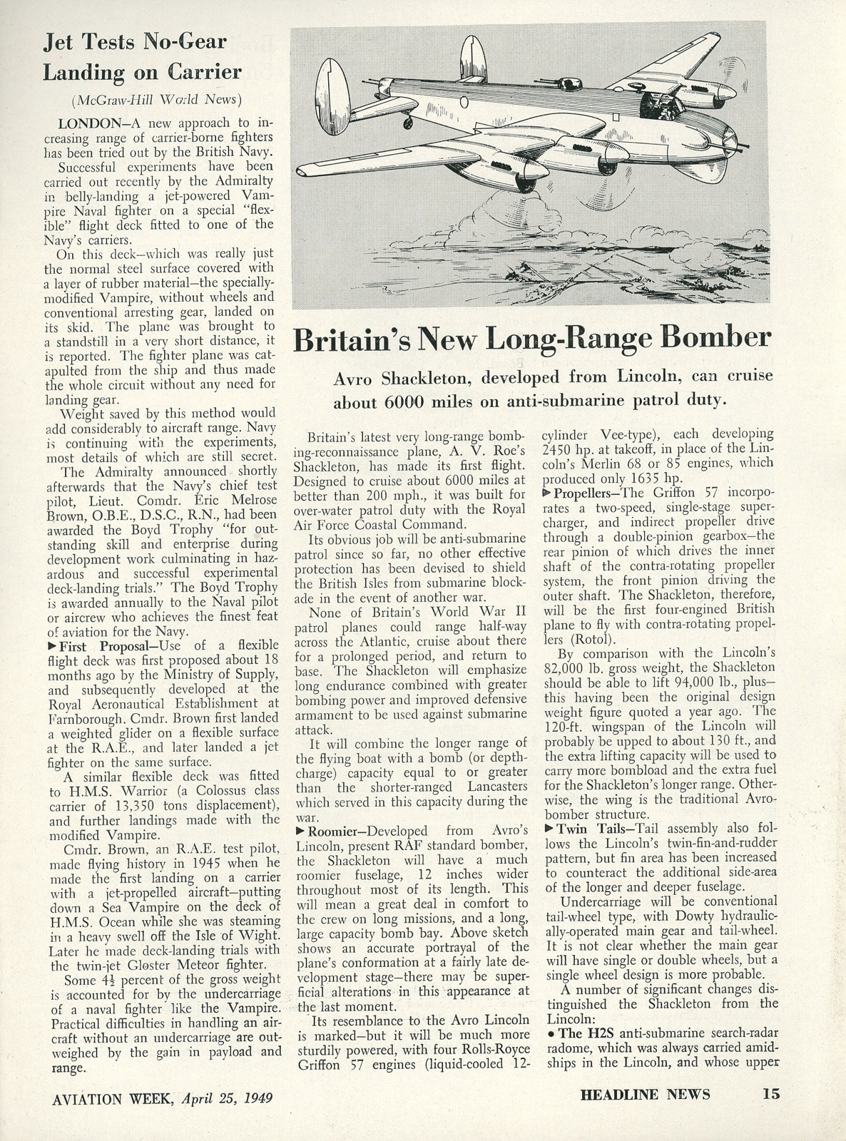 1949 Aviation Article New AVRO Shackleton Long Range Bomber Britian ...