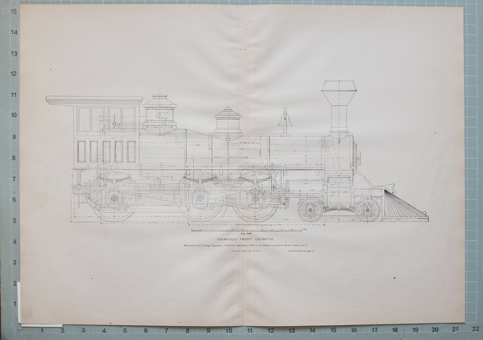 1886 RAILWAY LOCOMOTIVE PRINT TEN WHEELED FREIGHT ENGINE BROOKS WORKS ...