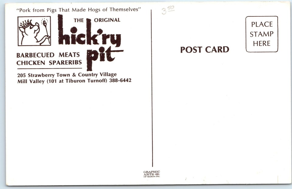 c1960s Mill Valley, CA Hick'ry Pit BBQ Meat Pies Chrome Postcard ...