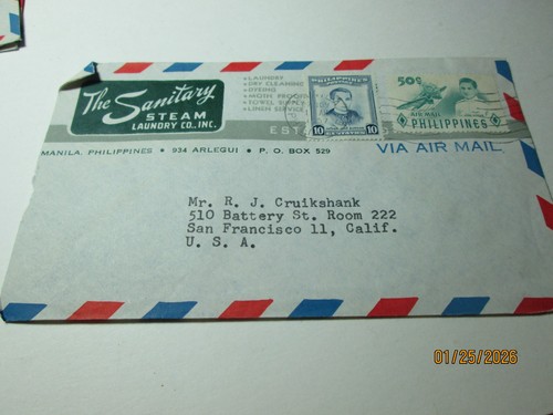 AIR MAIL ENVELOPE POST MARKED MANILA PHILIPPINES STAMPS. SANITARY STEAM ...