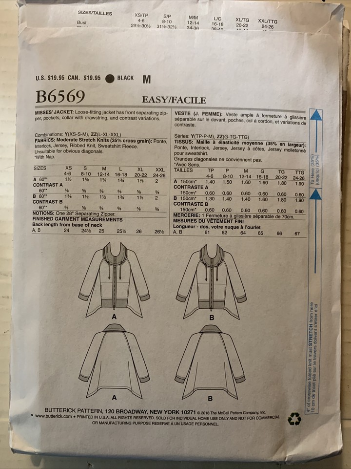 Butterick B6569 Sewing Pattern Misses' Jacket L - XXL 31664474883| eBay