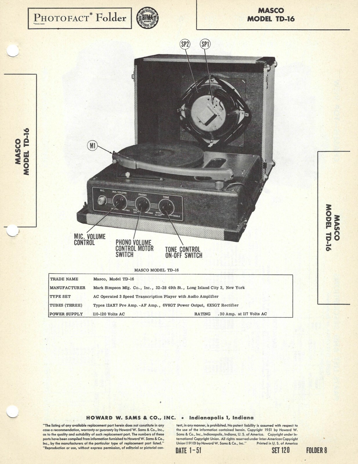 Sams Photofact Folder Record Player Manual Schematic MASCO Model TD-16 ...