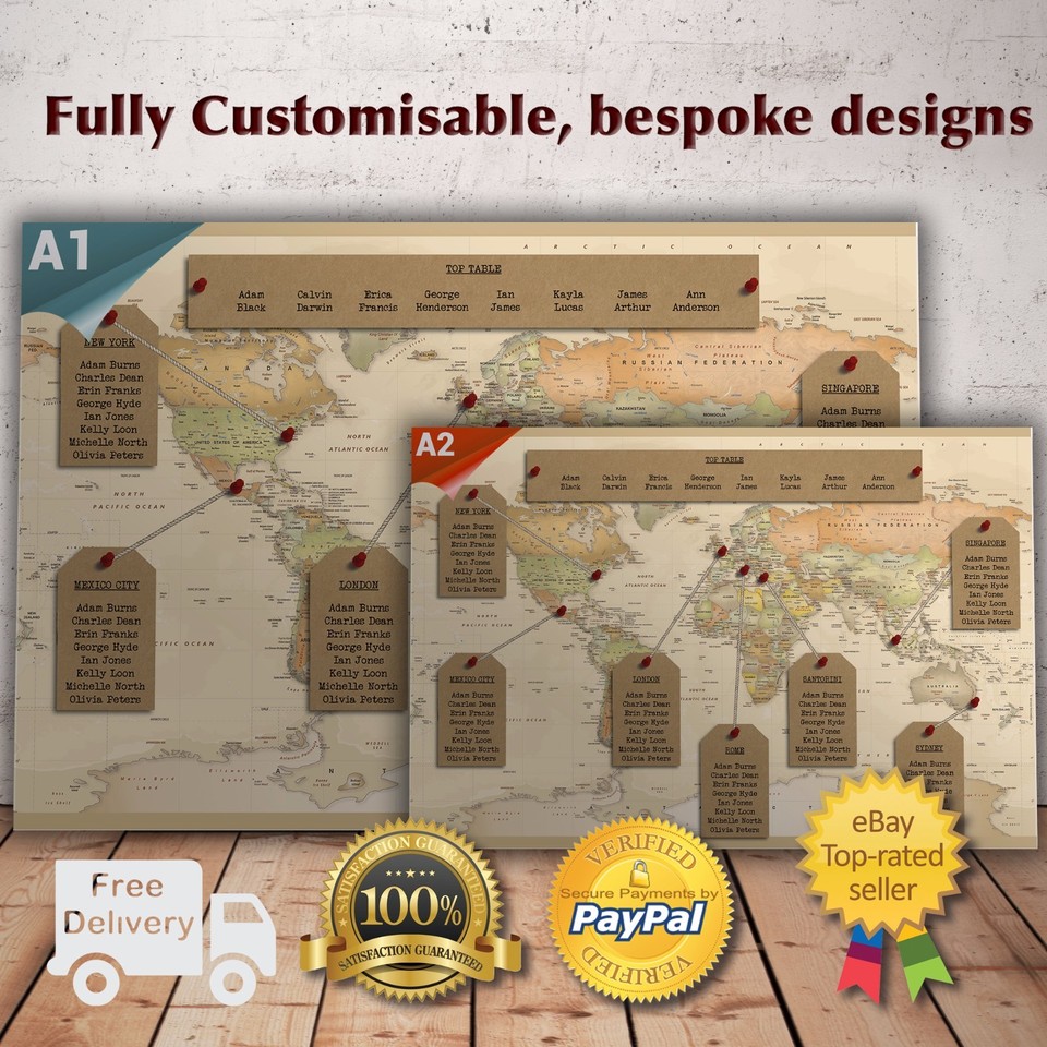 Personalised Travel World Map Wedding Table Plan / Seating Plan Large ...