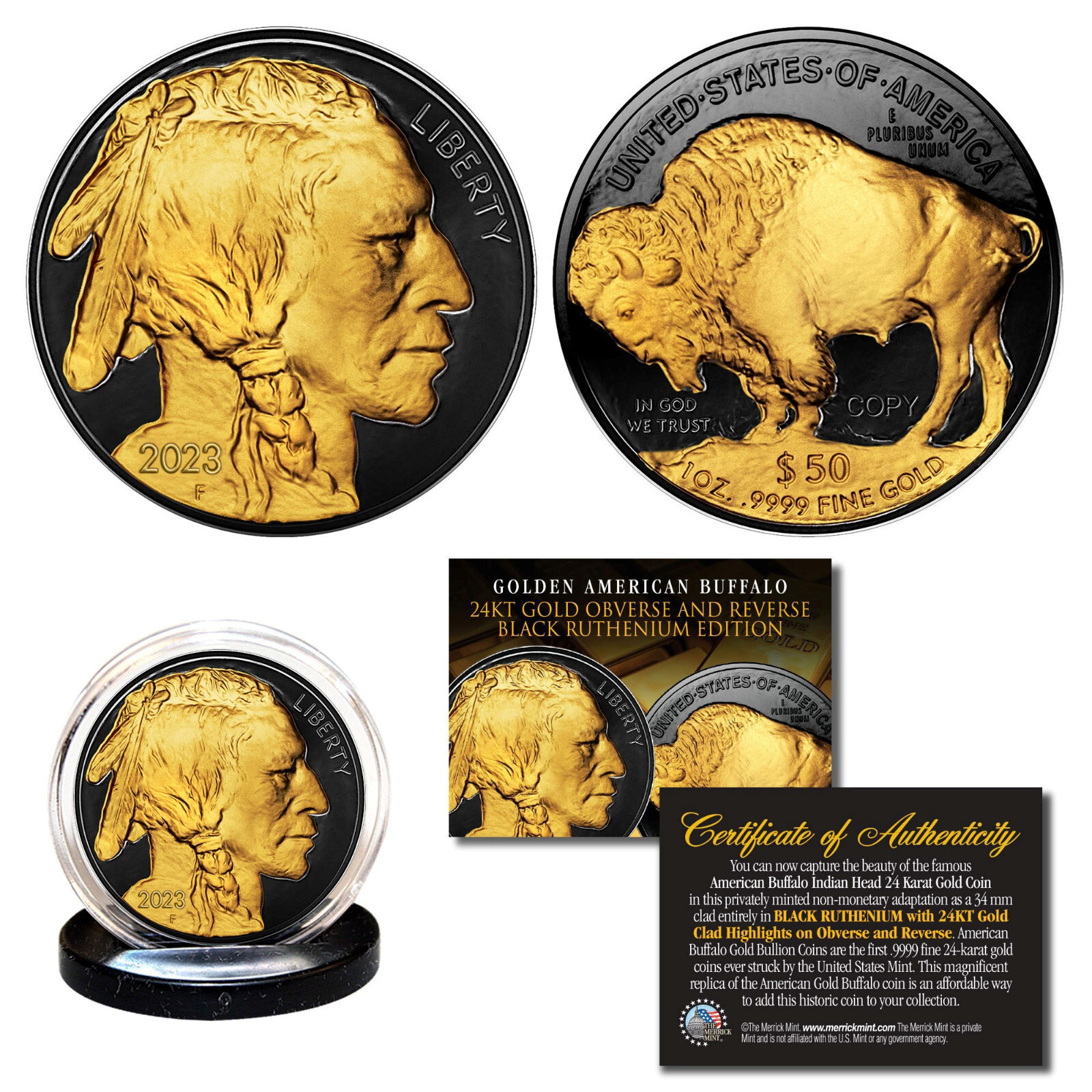 2023 BLACK RUTHENIUM $50 AMERICAN GOLD BUFFALO Indian Tribute Coin 24K ...