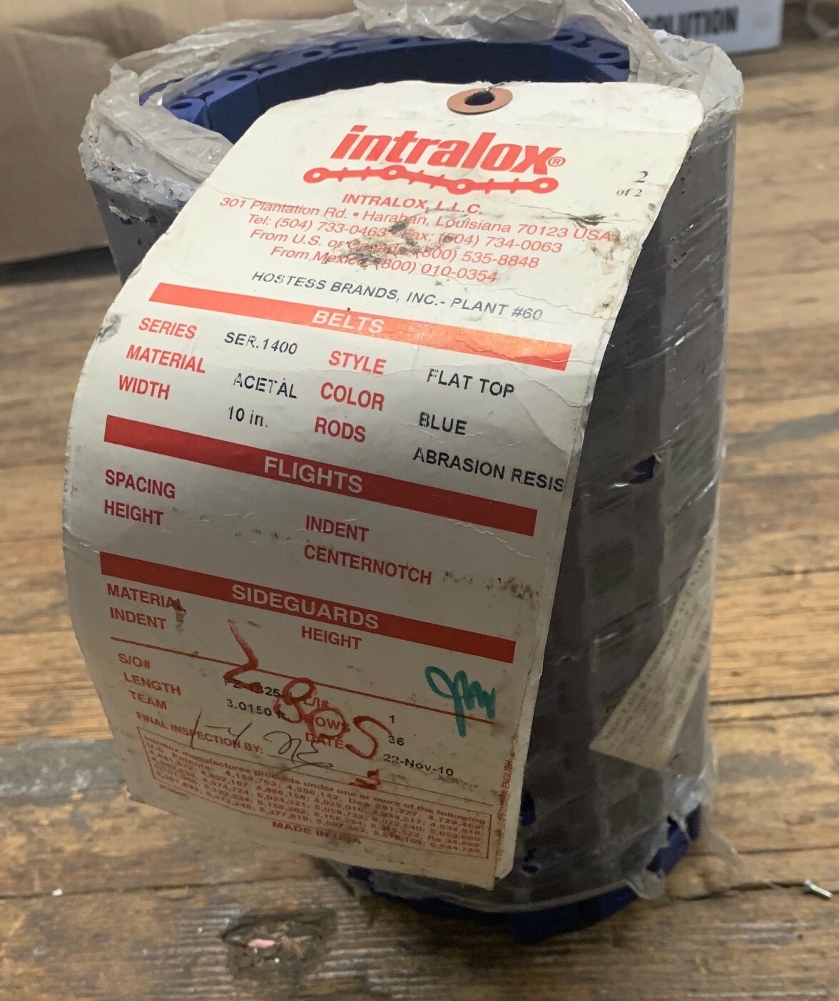 INTRALOX SERIES 1400 FLAT TOP BLUE ACETAL CONVEYOR BELT 10"W X 3.0150 ...