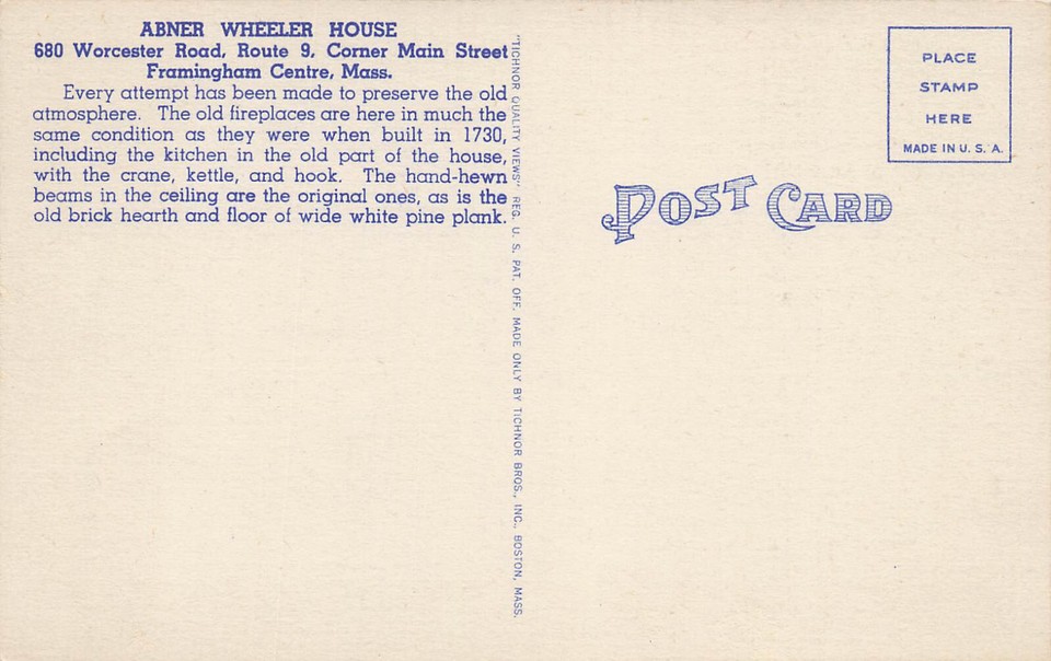 Postcard Abner Wheeler House Framingham Center Massachusetts | eBay