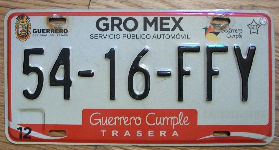 MEXICO state of GUERRERO LICENSE PLATE -2012/14- 54-16-FFY - PUBLICO ...