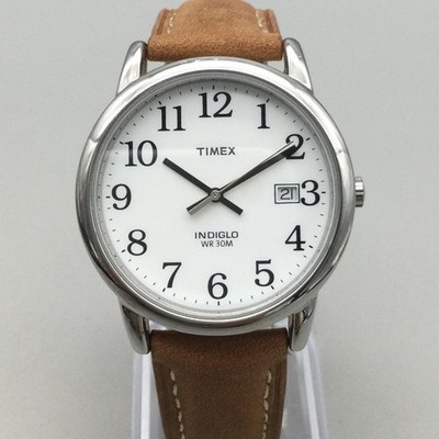 Timex Easy Reader Mens Watch 35mm Silver Tone Leather Indiglo Date New ...