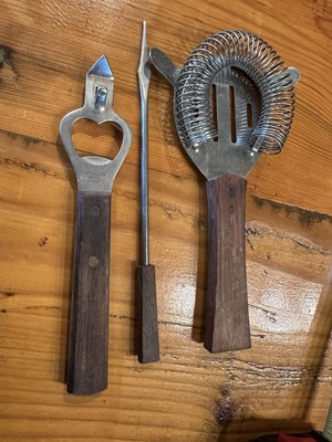 Vintage 3 pc MCM Wood Handled Bar Ware Utensil Tool Set Stainless Steel ...
