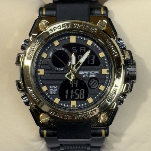 SANDA Military Sport Watch Men’s Dual display WR 30M Stylish Black Gold ...