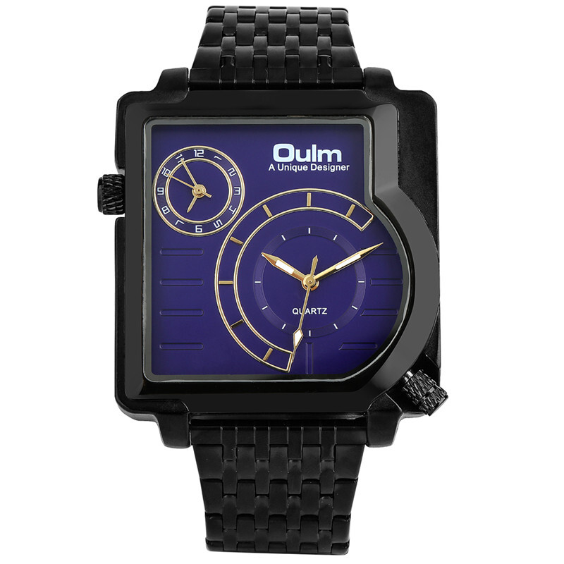 Oulm Men's Quartz Watch Dual Time Zones Wristwatch Square Dial Steel ...