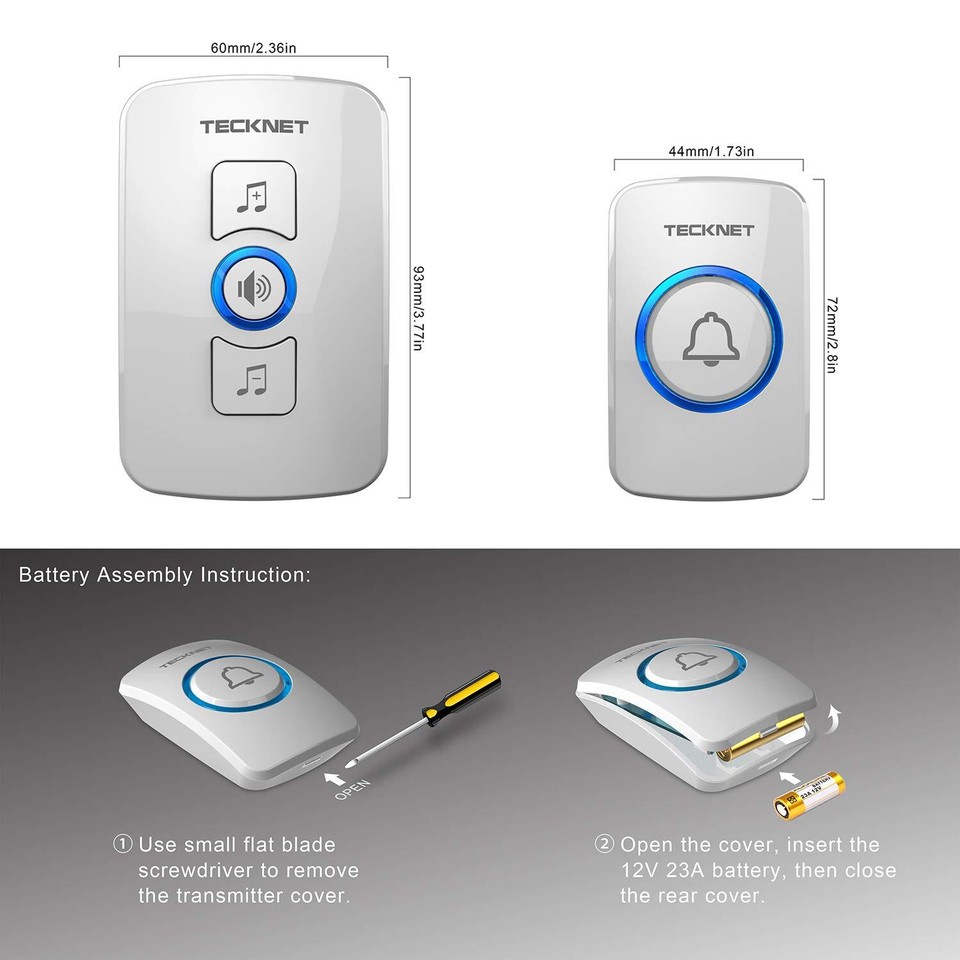 TECKNET Wireless Doorbell, Waterproof Wall Plug-in Door Bell Cordless ...