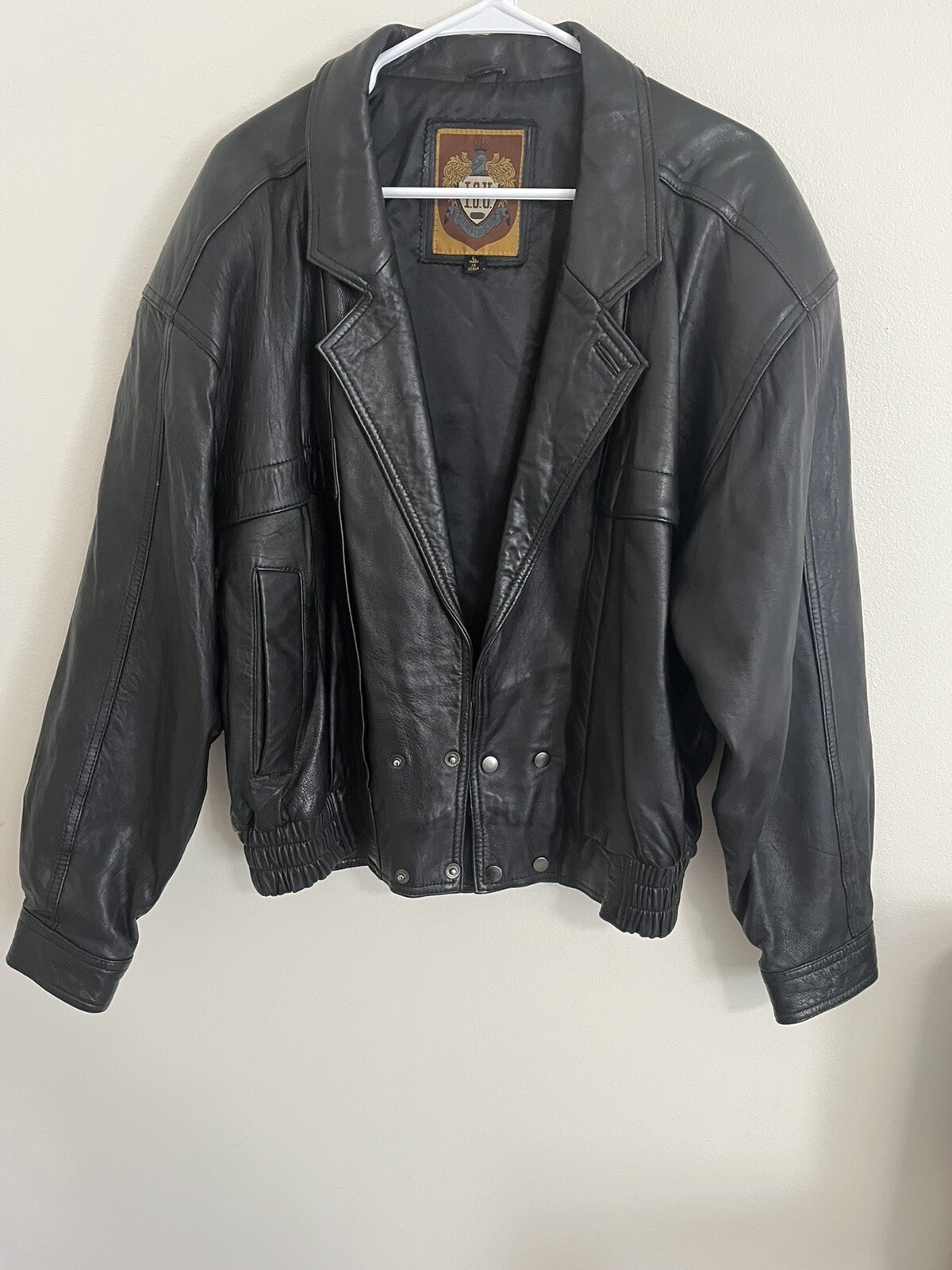 IOU Vintage Black Leather Jacket | Large Zip Buttons | Good Condition ...