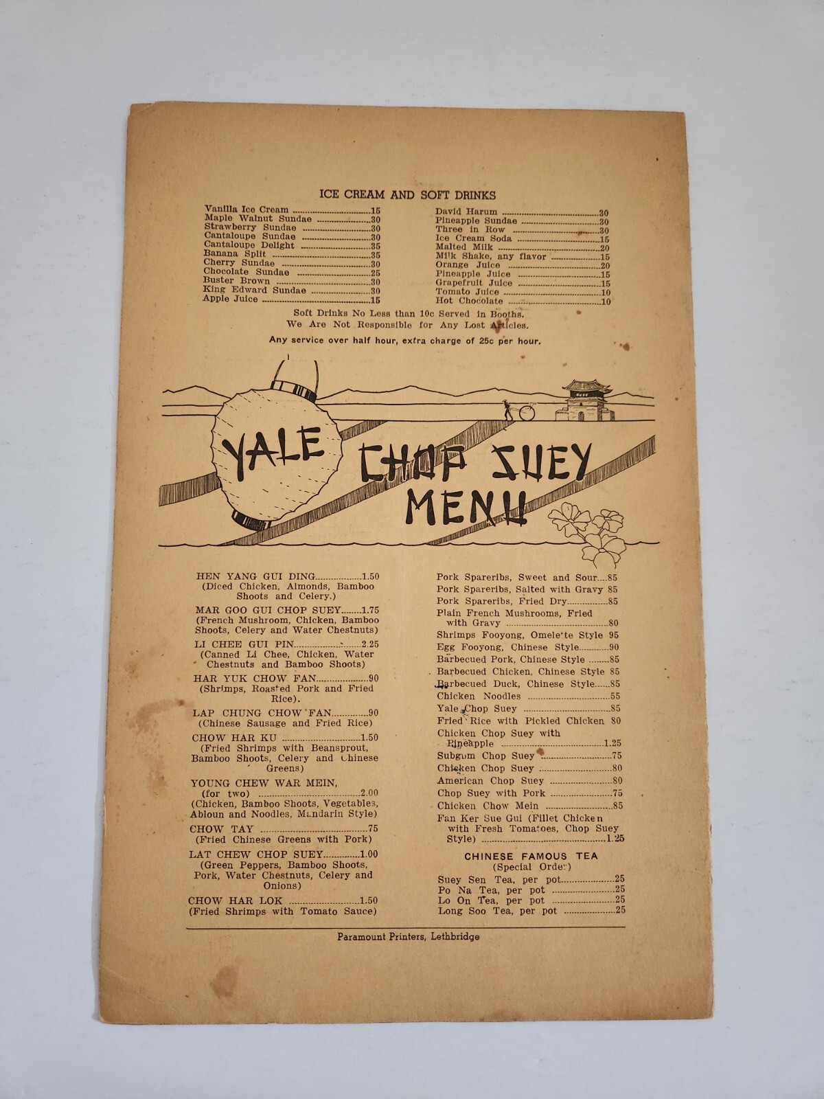 Vintage Menu YALE CAFE Lethbridge Alberta 1950s restaurant ephemera ...