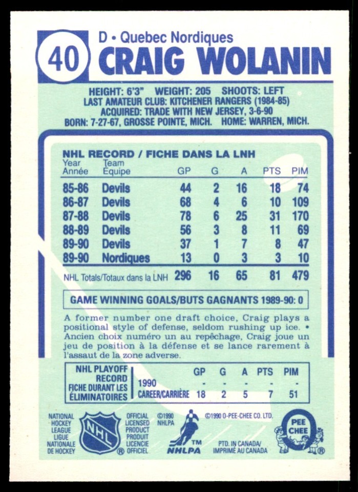 Craig Wolanin 1990-91 O-Pee-Chee #40 Quebec Nordiques | eBay