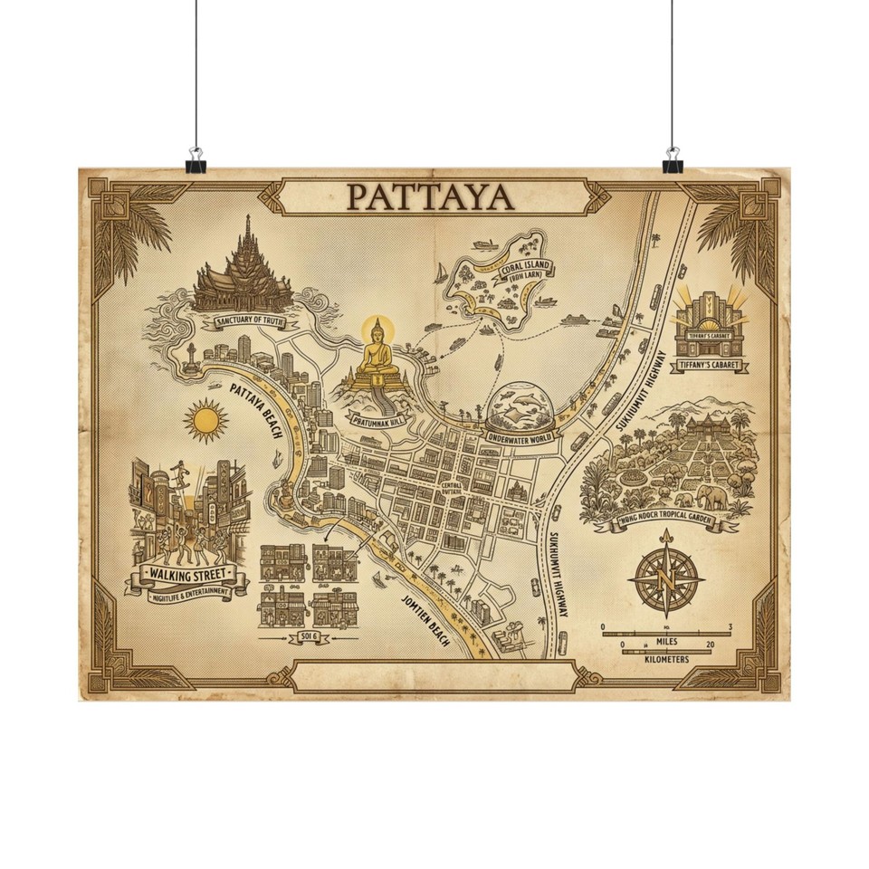Vintage Pattaya Map Poster Matte Horizontal | City Map Wall Art | eBay