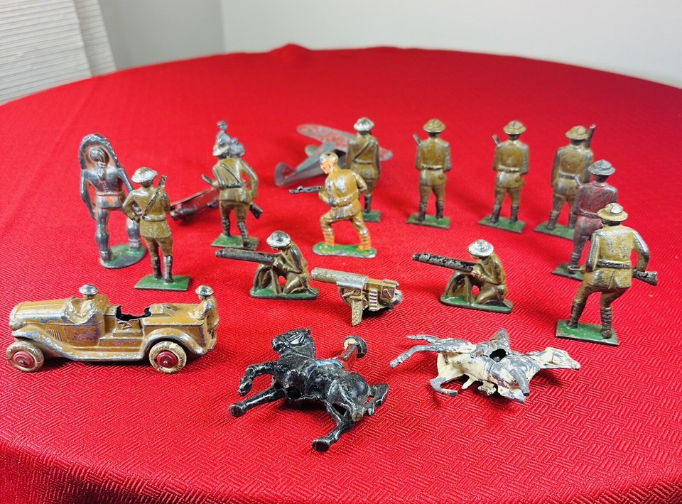 Early Barclay Lead Toy Soldiers, Airplane, Car, Chief, Cannon 1930s 19 ...