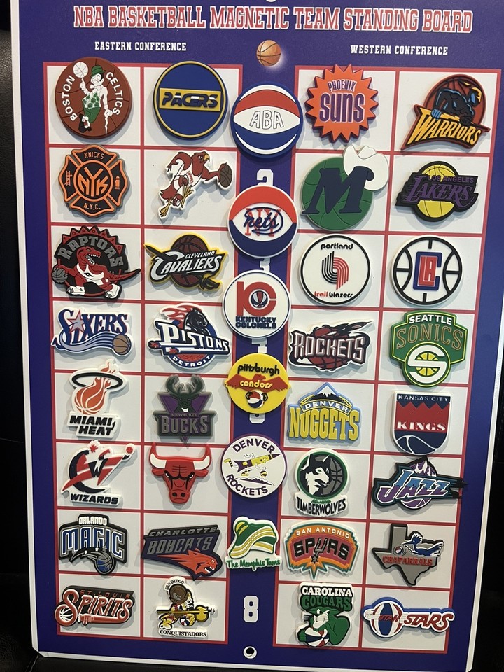 VINTAGE NBA/ABA THROWBACK MAGNETIC STANDINGS BOARD WITH 38 RUBBER ...