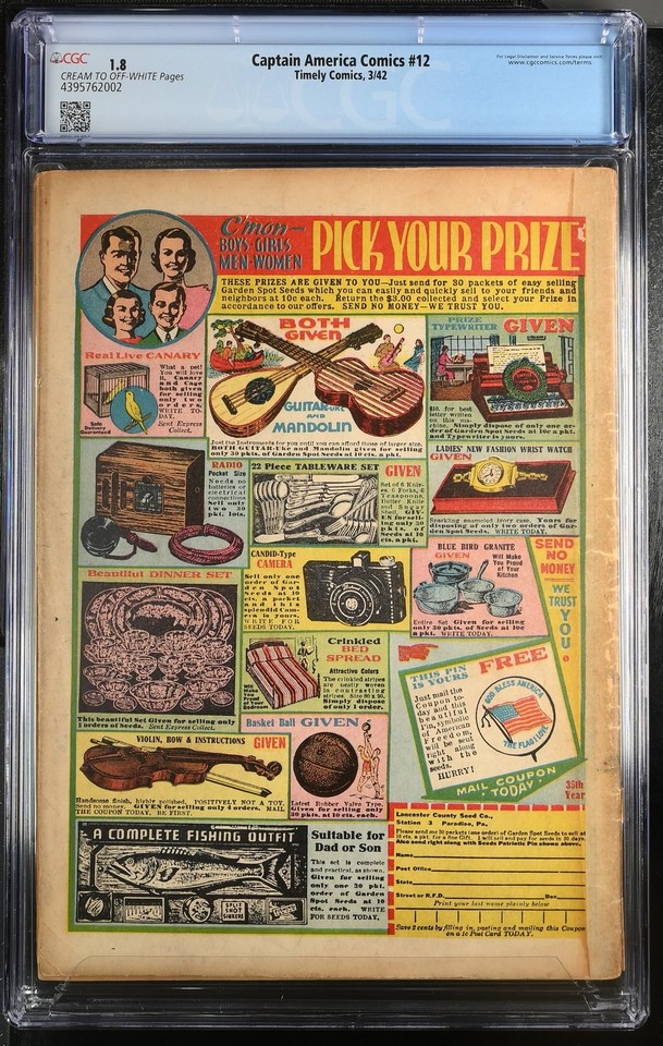 Captain America Comics #12 CGC GD- 1.8 Avison Cover! Bucky! Stan Lee ...