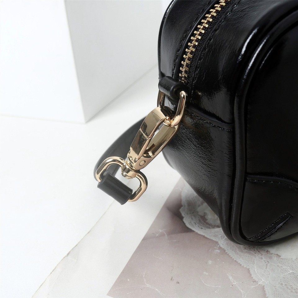 Small Glossy Real Leather Tote Boston Bowling Handbag Fashion Shoulder ...