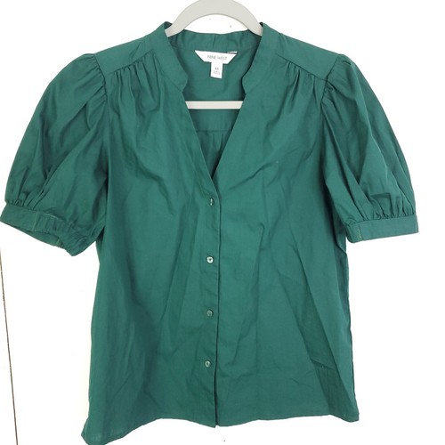 Nine West Top Womens XS V Neck Button Down Puff Sleeves INverted Collar ...