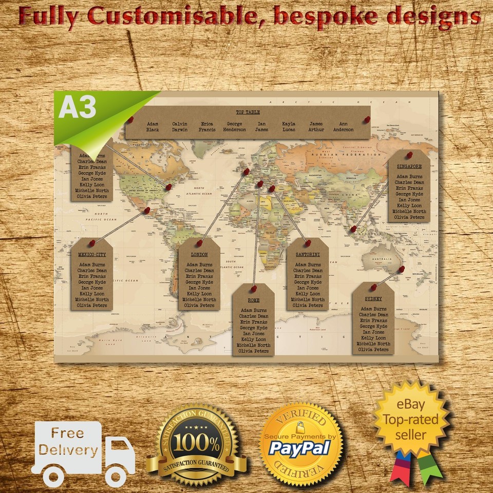 Personalised Travel World Map Wedding Table Plan / Seating Plan Large ...