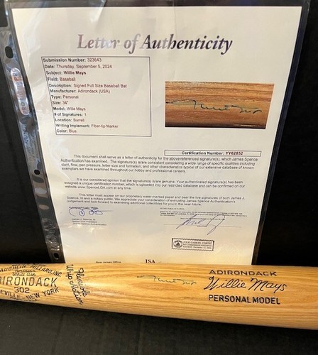 WILLIE MAYS Signed Auto Personal Adirondack Baseball Bat JSA COA Signed ...