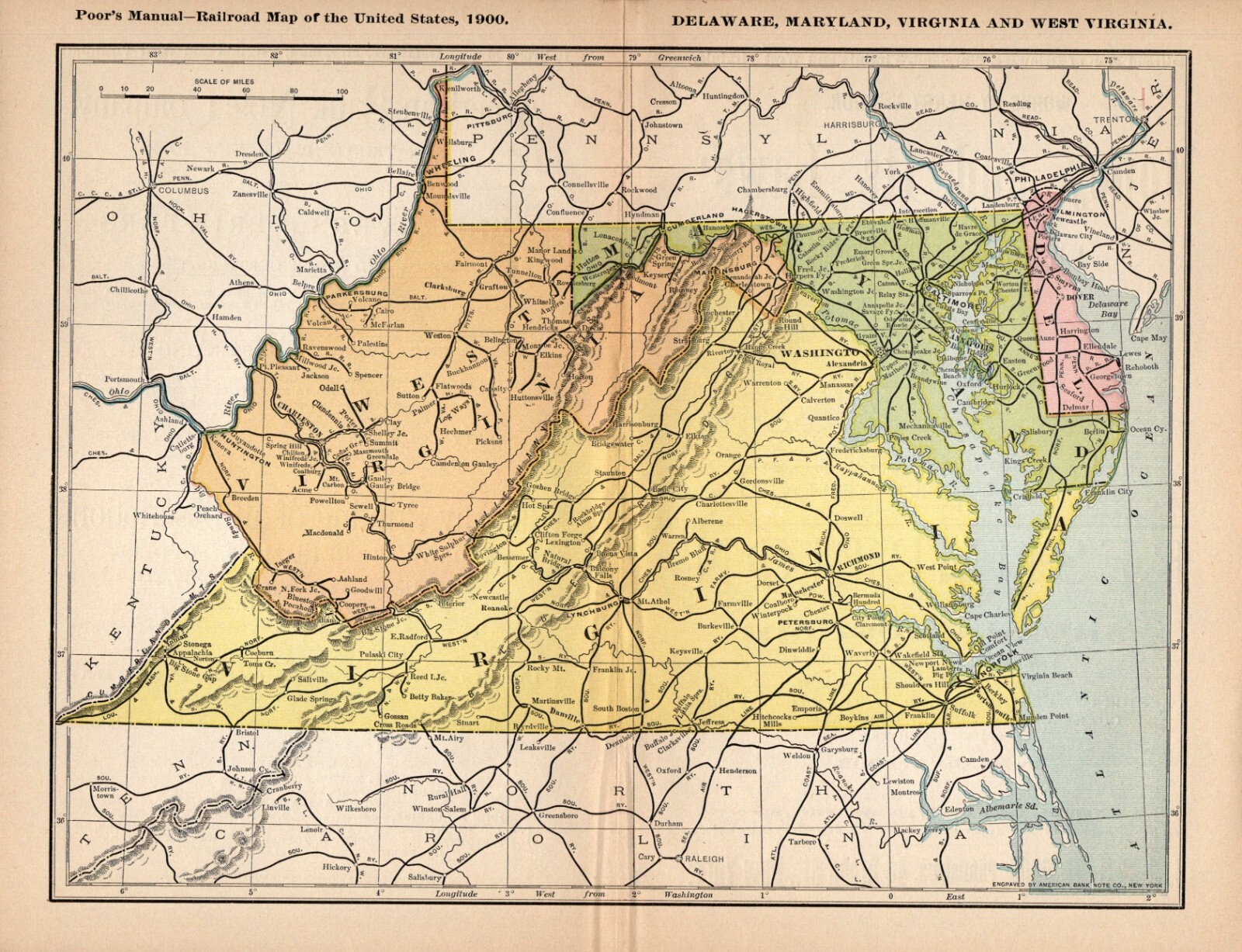 1900 Antique Delaware Maryland West Virginia Railroad Map Railway Map ...
