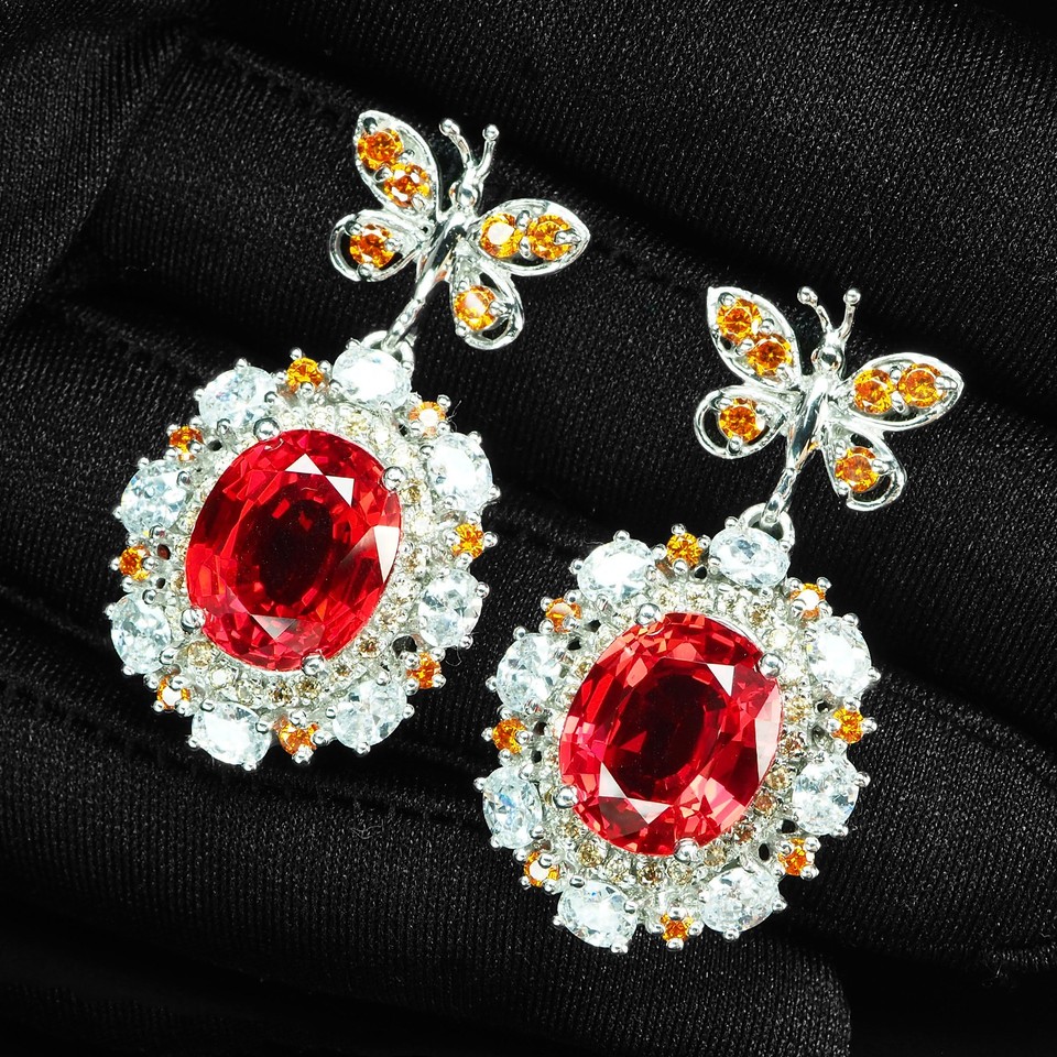 SPECIAL WHITE GOLD EARRINGS WITH RED ORANGE SAPPHIRE 15.10CT 925 ...