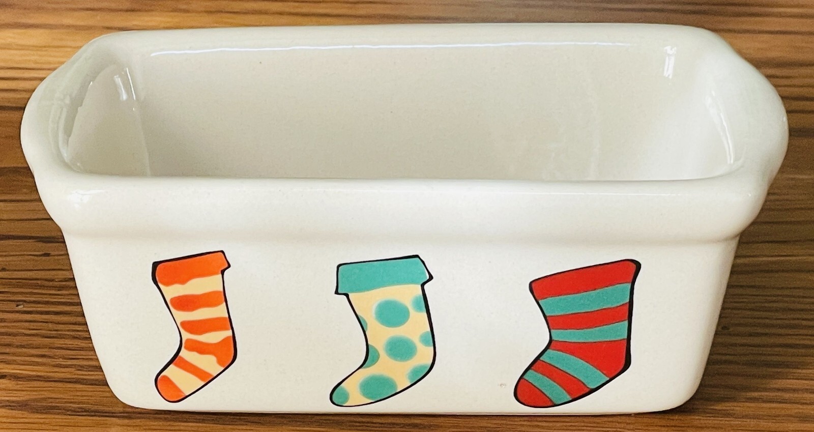 2 CHRISTMAS CERAMIC MINI HOLIDAY LOAF PANS TREES & STOCKINGS Cooking ...