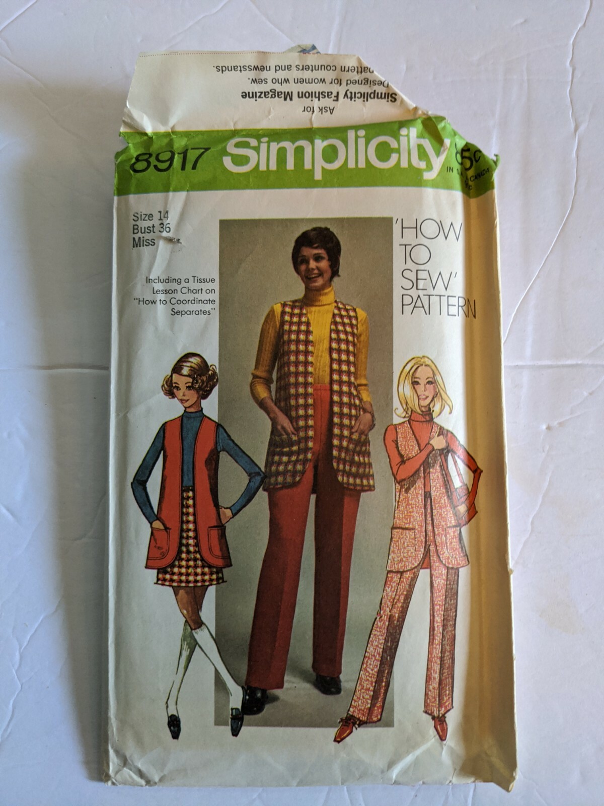 1970 Vintage SIMPLICITY 8917 Misses' Vest Mini Skirt Pants Miss Size 14 ...