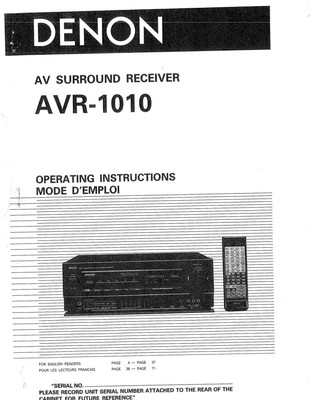 Denon AVR-1010 Receiver Owners Manual | eBay