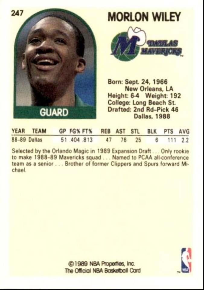 1989-90 Hoops Basketball Card Morlon Wiley Rookie Dallas Mavericks #247 ...