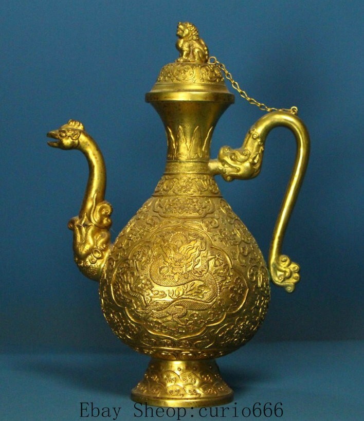 Old Purple Bronze Gold Dragon Loong Phoenix Phenix Lion Wine Tea Pot ...