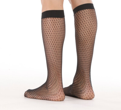 Men's Sexy Jacquard Socks Hollow Black Fishnets Socks Knee High Silk ...