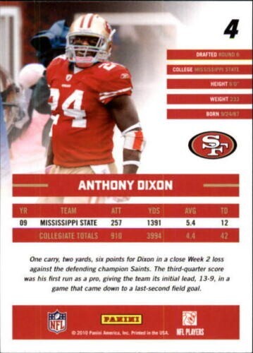 2010 Donruss Rated Rookies Football Card #4 Anthony Dixon San Francisco ...