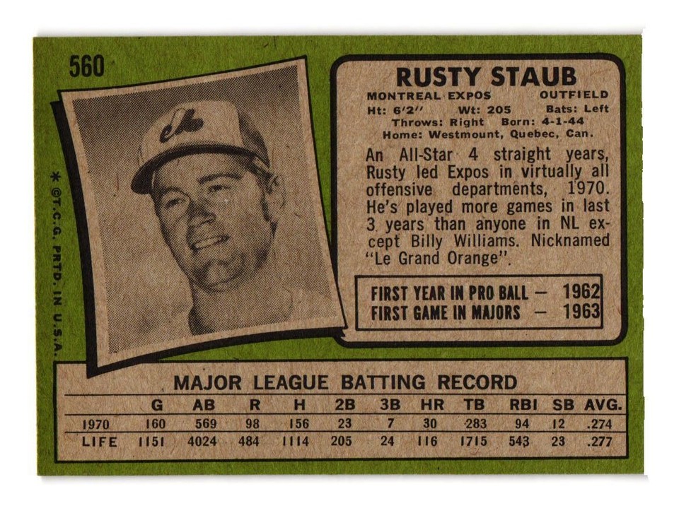 1971 Topps Semi-High Number - Rusty Staub (#560) Expos VG-EX | eBay
