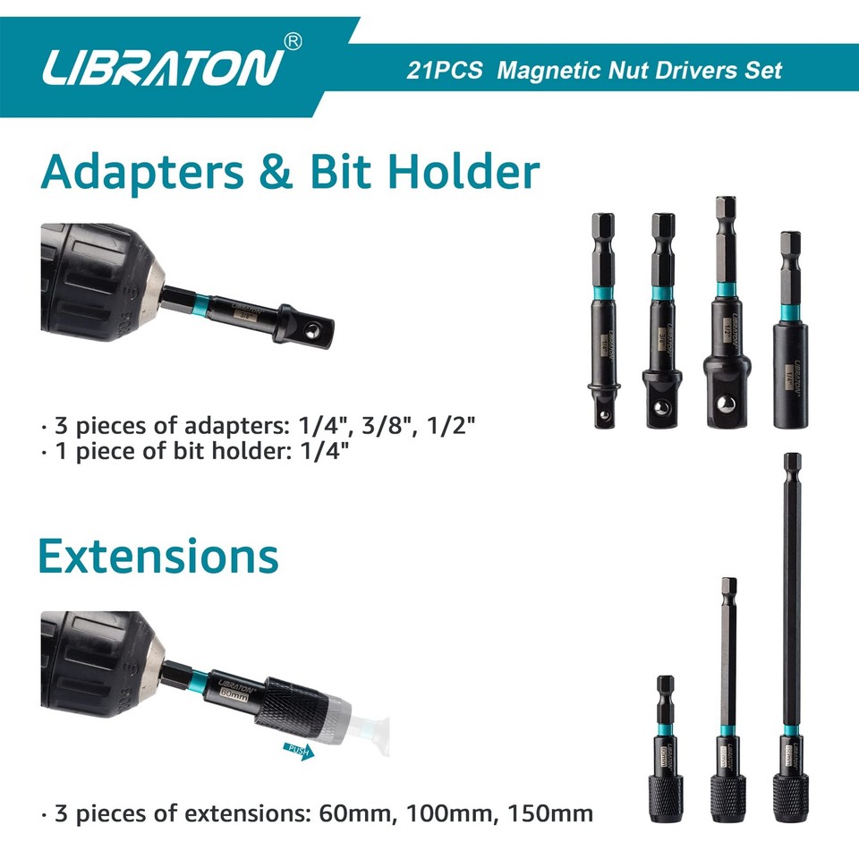 21PCS Magnetic Nut Driver Set, Impact Drill Driver Bit Set 1/4", Metric ...