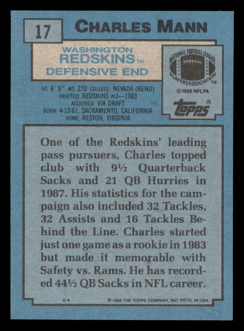 1988 TOPPS NFL Football Trading Card #17 🏈 CHARLIE MANN, Washington ...