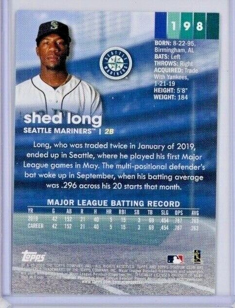 2020 Stadium Club Baseball #198 Shed Long Rookie RC - Seattle Mariners ...