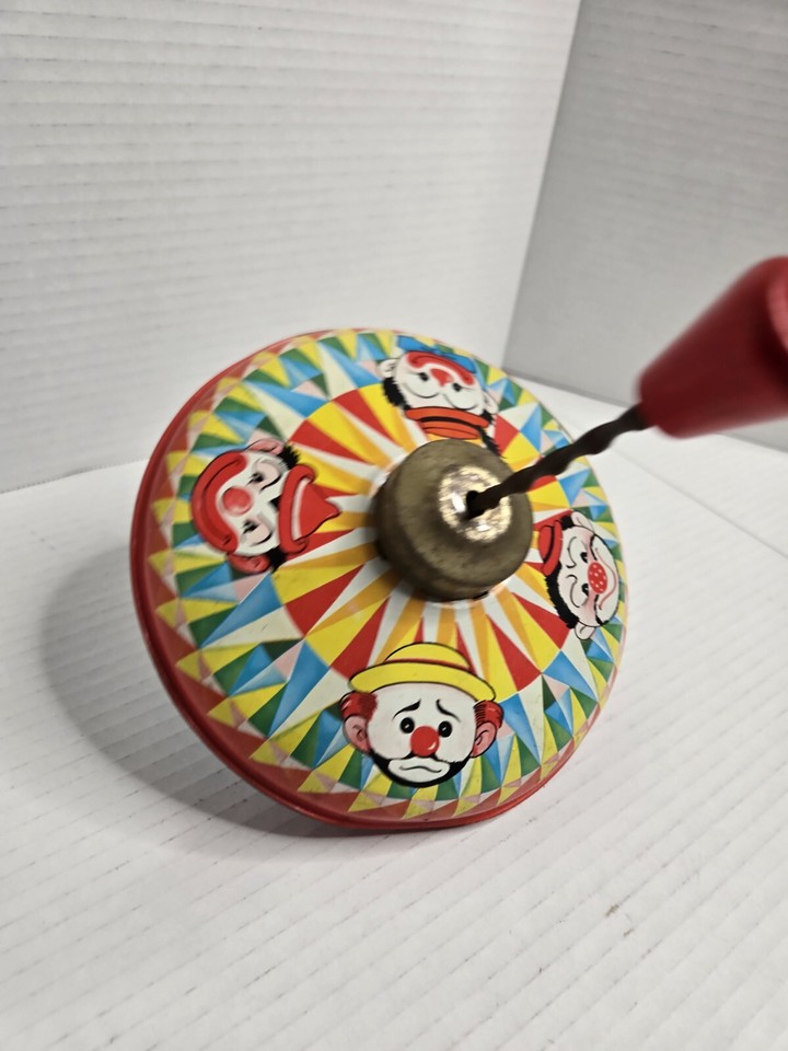 WORKS Vintage Chein Tin Top Clowns Spinning Push Toy 1950s Red Circus ...