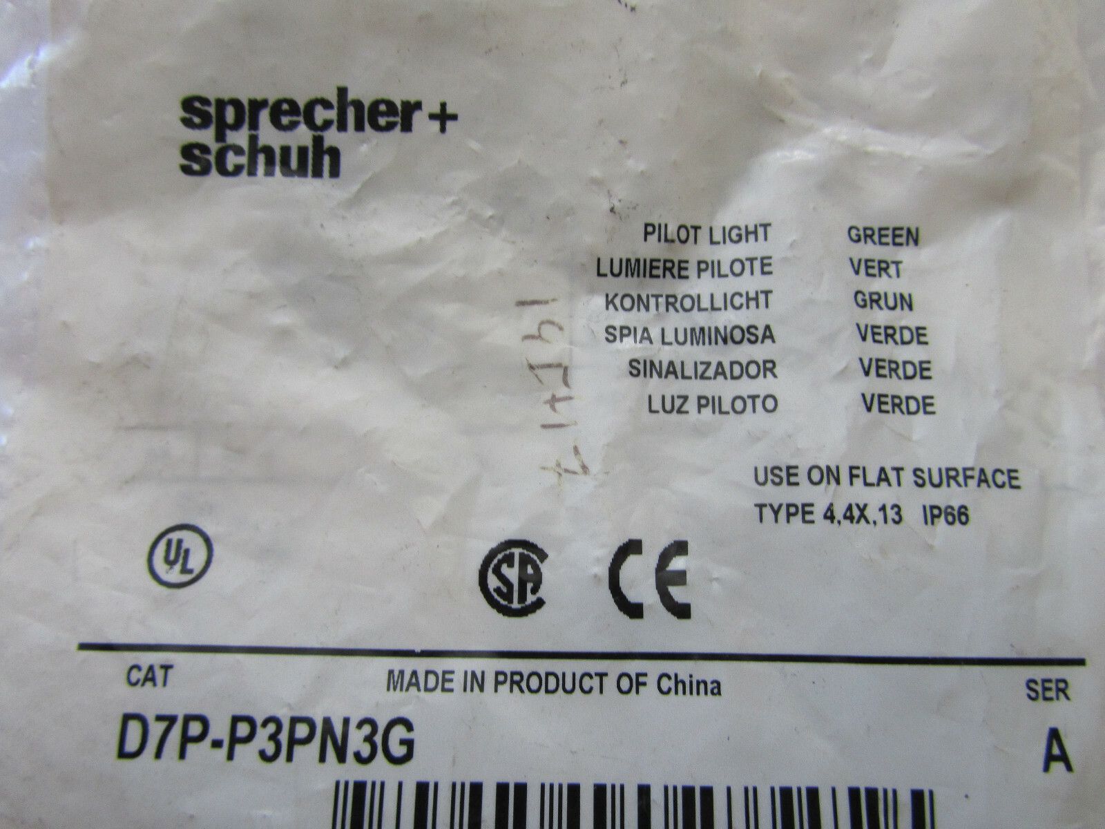 SPRECHER & SCHUH D7P-P3PN3G D7-N3G SER A PILOT LIGHT GREEN UNUSED ...