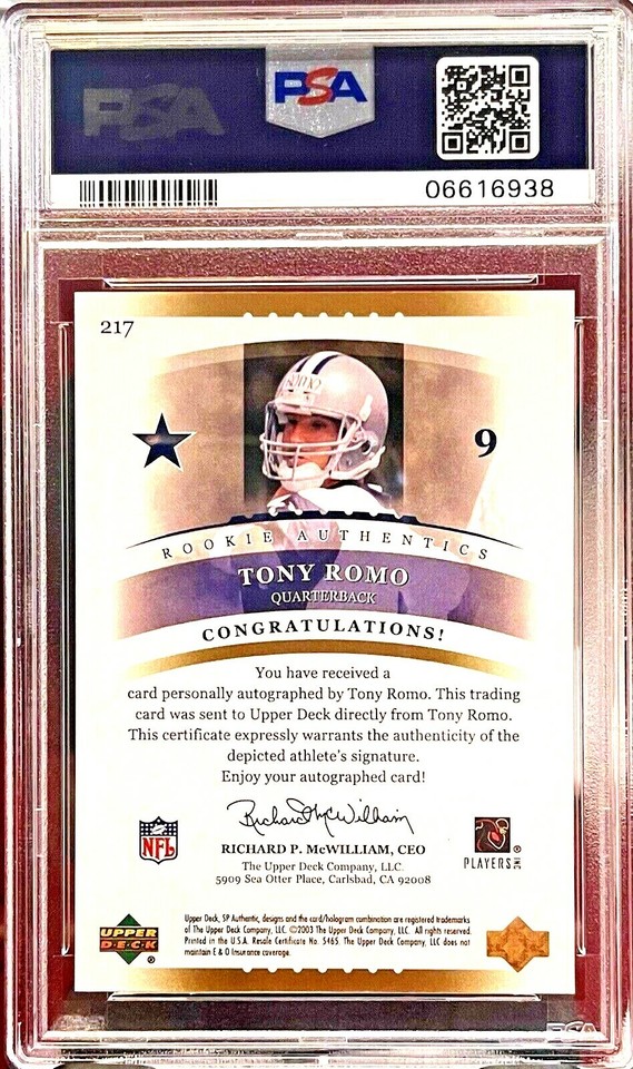 1/1 2003 SP AUTHENTIC 'GOLD' AUTO 13/25 TONY ROMO ROOKIE PSA 10 POP 1 ...
